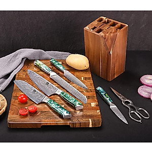 WILDMOK Damascus Kitchen Knife with Block 7pcs Premium Kitchen Knives Set with Resin Handle Professional Ultra Sharp Chef Knives Set with Gift Box