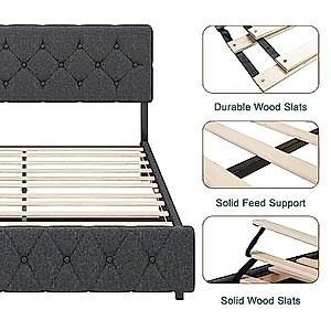 KIETLER King Size Bed Frame with Type-C & USB Ports， Adjustable Headboard， Upholstered Platform with Wooden Slats Support, Linen Fabric Wrap No Box Spring Needed, Easy Assembly, Dark Grey