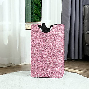 xigua Pink Glitter Texture Laundry Basket Large Laundry Hamper Foldable Dirty Clothes Toys Organizer Bag with Handles for Bathroom,Bedroom,College Dorm,Kids Room