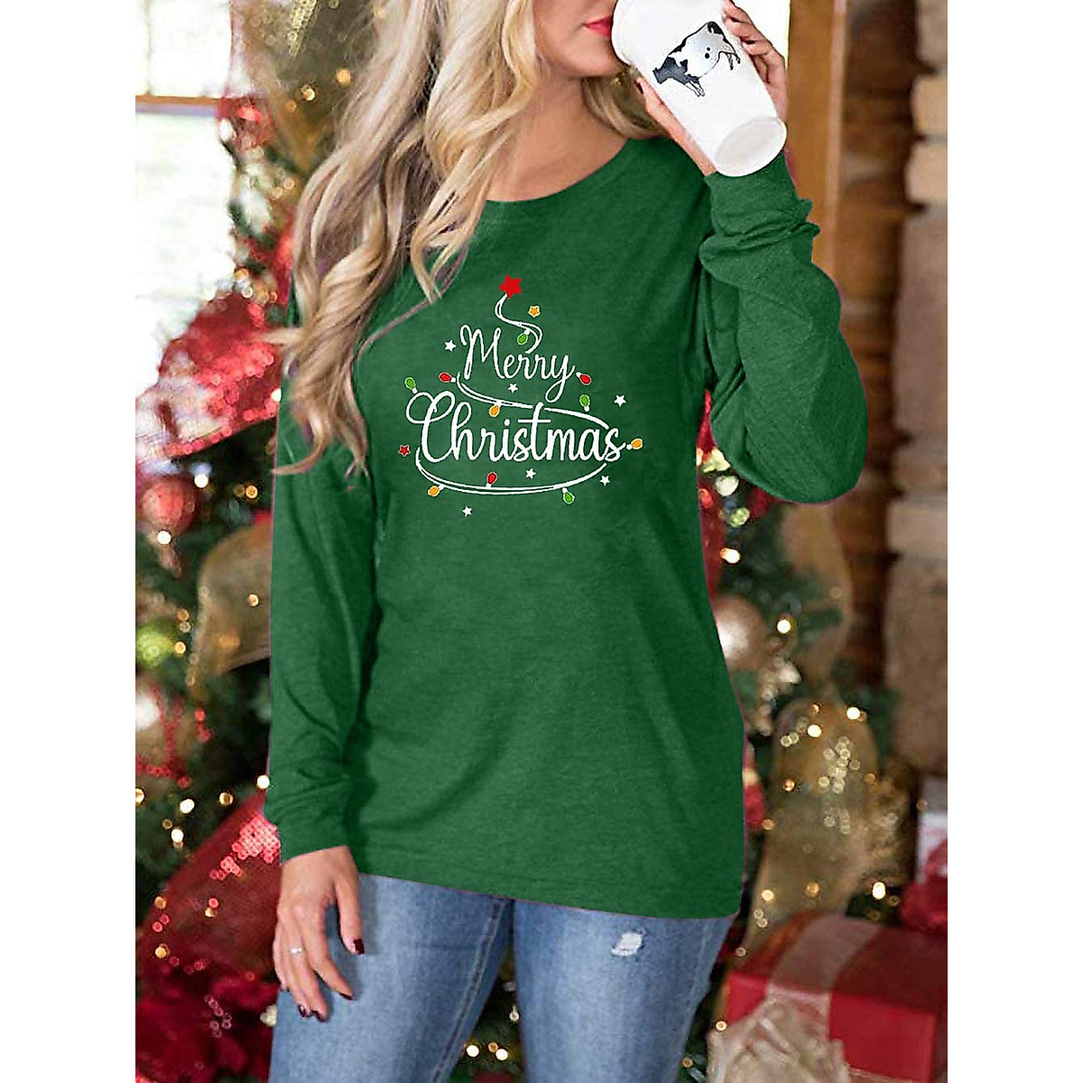 FASHGL Christmas Shirt Women Merry and Bright Pullover Christmas Lights Graphic T Shirts Xmas Long Sleeves Tops Green
