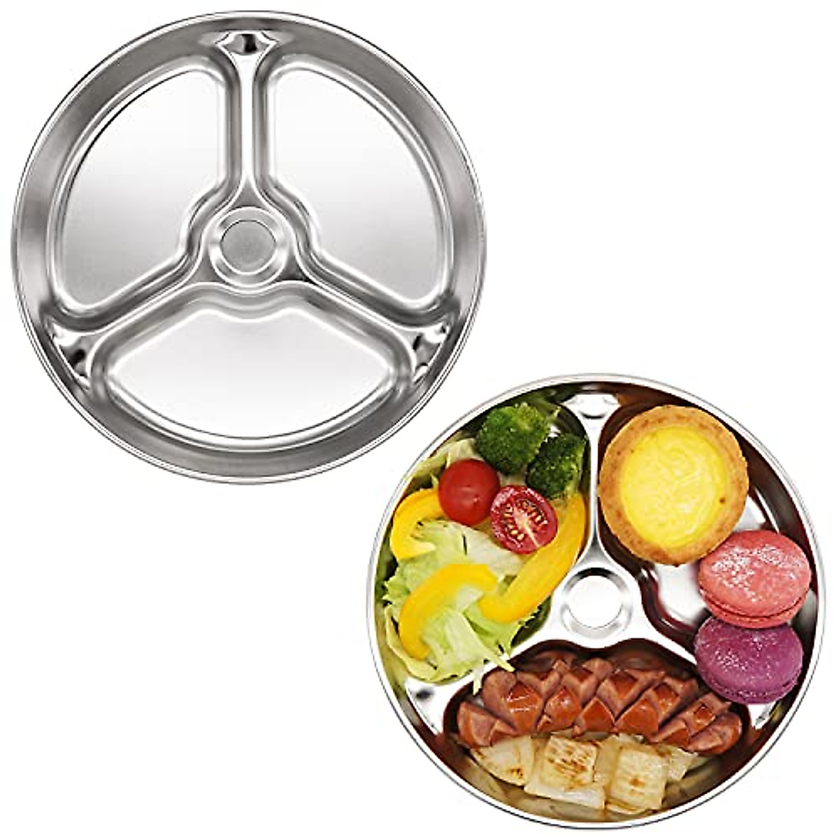 Korean Stainless Steel Divided Round Plates, Little Kids Toddlers Babies Tray, BPA Free, Diet Control, Camping Dishes, 8 Inch Compact Serving Platter, 3 Compartment Plate, Set of 2
