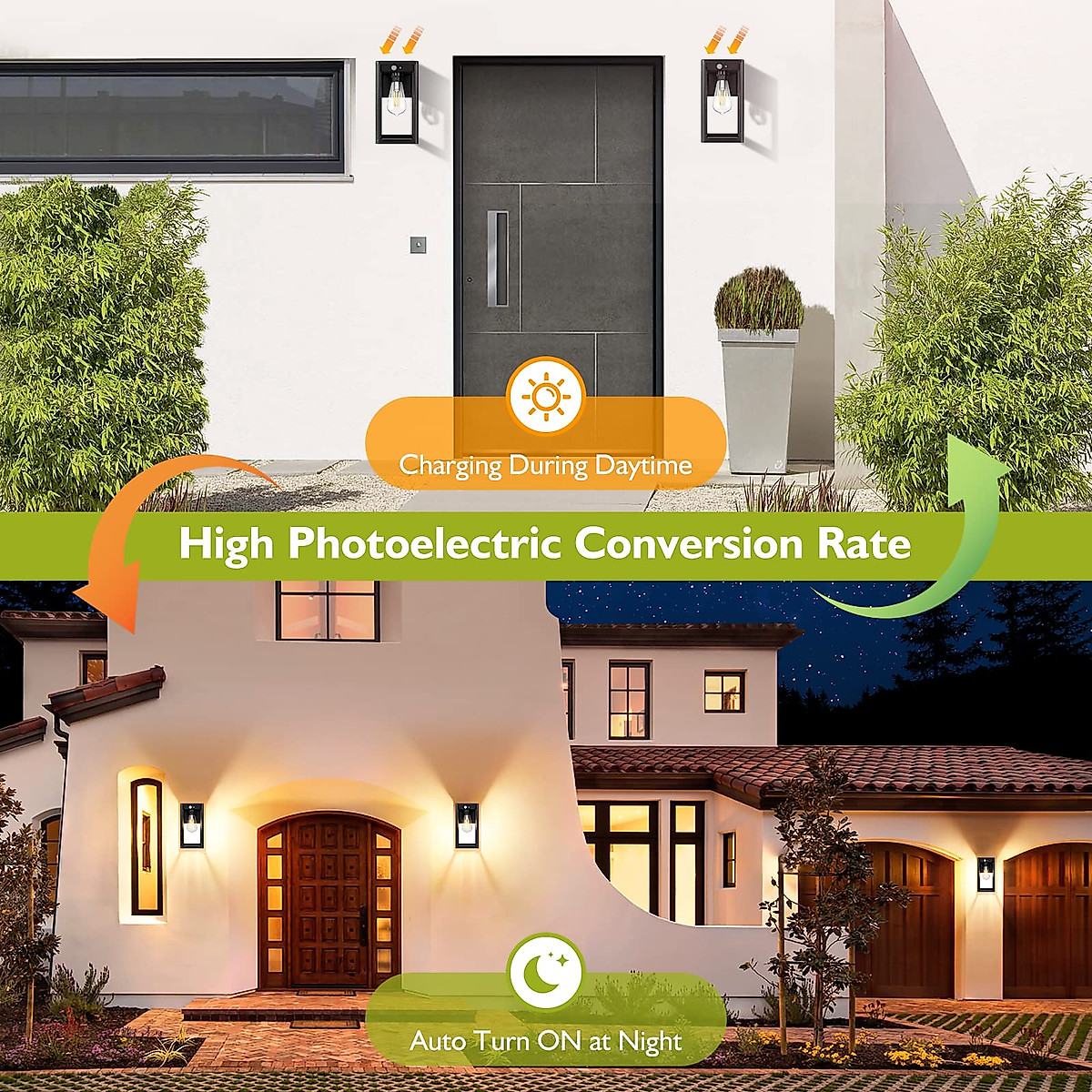 Solar Wall Light Outdoor, Motion Sensor Porch Light Fixture, Wireless Dusk to Dawn Exterior Wall Lantern with 3 Modes and LED Bulb, Waterproof Black Outside Wall Sconce for Front Door Patio Doorway