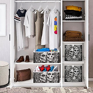YMGQYJ Black White Skulls Floral Collapsible Storage Cube, Organizing Basket with Support Board for Shelf Closet Cabinet 15.7×10.6×6.9 in