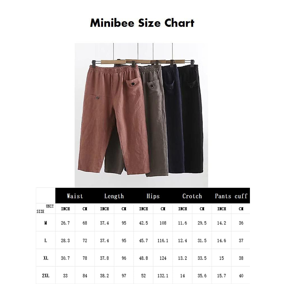 Minibee Women's Elastic Waist Casual Crop Linen Pull On Pants Amry Green XL