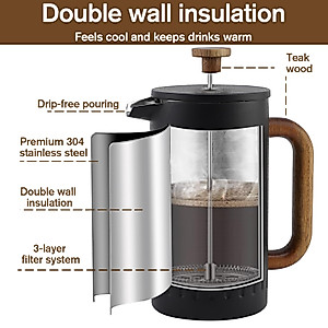 Rorence 34oz French Press Coffee Maker，Thermo Coffee Press with Real Wood Handle & Plunger Head, Double Wall Insulation & Dual-Filter Screen, incl. replaced filters & instructions, Black