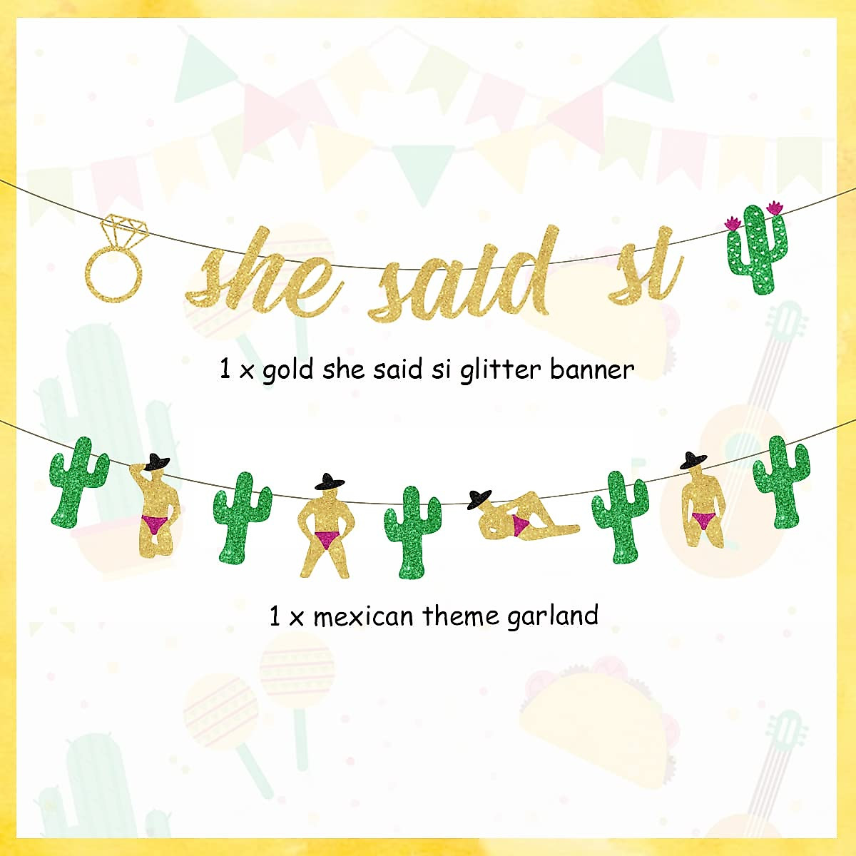 2PCS She Said Si Gold Glitter Banner, Glittery Mexican Fiesta Cactus Man Garland for Mexican Fiesta Theme Bachelorette Party Fiesta Bridal Shower Decorations Supplies