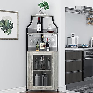 GAOMON Corner Wine Bar Rack Cabinet with Detachable Wine Rack, Bar Cabinet with Glass Holder, Small Sideboard and Buffet Cabinet with Mesh Door (Grey)