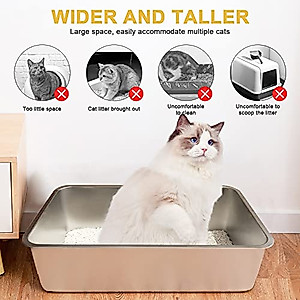 3 Pack Stainless Steel Cat Litter Box, Large Size with 5.9in High Sides Metal Pet Litter Box Non Stick Smooth Surface for Cat Rabbits (15.7 x 11.8 x 5.9 inches)