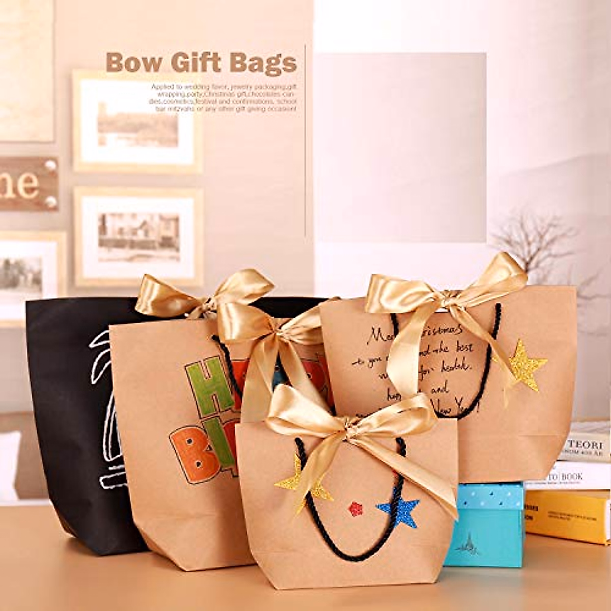 WantGor Gift Bags with Handles 10x7.5x3inch Paper Party Favor Bag Bulk with Bow Ribbon for Birthday Wedding/Bridesmaid Celebration Present Classrooms Holiday(Matte Black, Medium- 12 Pack)