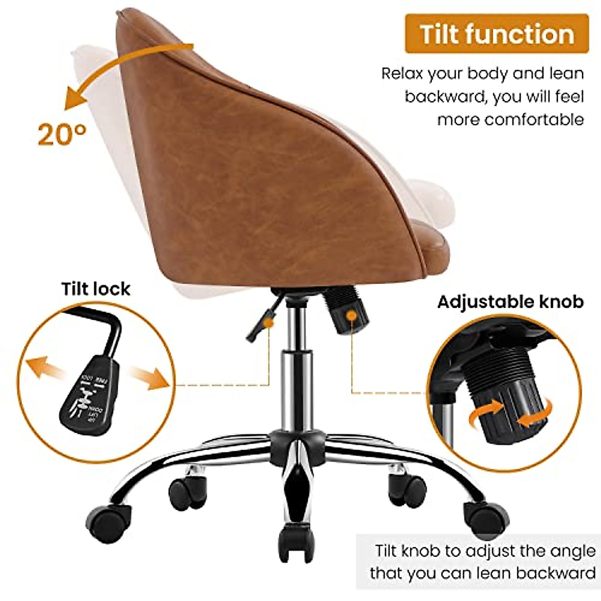 Yaheetech Faux Leather Desk Chair, Makeup Vanity Chair with Adjustable Tilt Angle, Swivel Office Chair Upholstered Armchair Study Chair for Bedroom and Makeup Room Retro Brown