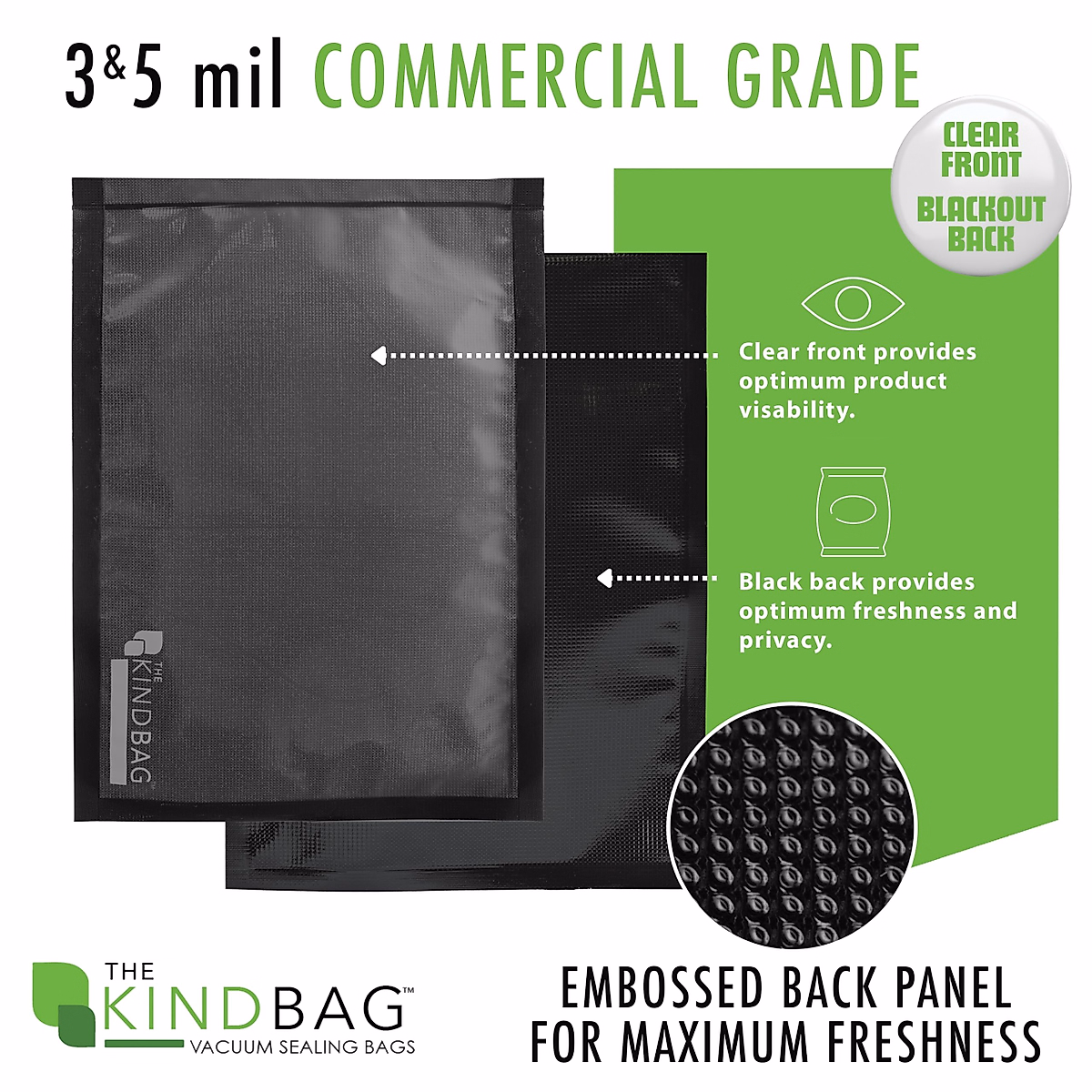 The Kind Bag Vacuum Seal Bags for Food; Food Grade, BPA Free & Freezer Safe; Airtight, Odor Free and Moisture Free; Commercial Grade 3mil Clear & Black; 8x12 inch Pre Cut Bags (100ct)