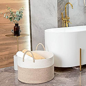 MINTWOOD Design Extra Large 22 x 14 Inches Cotton Rope Blanket Basket Living Room, Woven Laundry Basket, Toy Storage Baskets Bin, Decorative Round Pillow Towel Basket with Handles