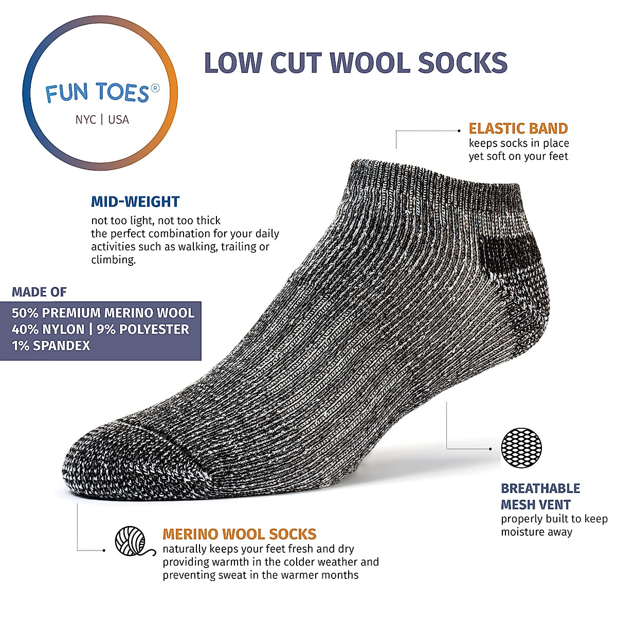 FUN TOES Low Cut Ankle Merino Wool Mens Hiking Running Socks Compression Arch Support Cushioned 6 Pairs (Black)