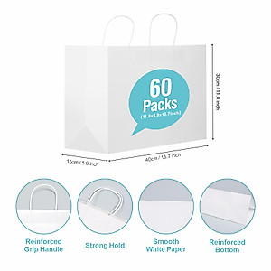 woric 60 PCS White Paper Bags with Handles, Christmas Gift Bag 16 x 6 x 12 inch Large Gift Bag Bulk Shopping Bags for Grocery Small Business Stocking Stuffers