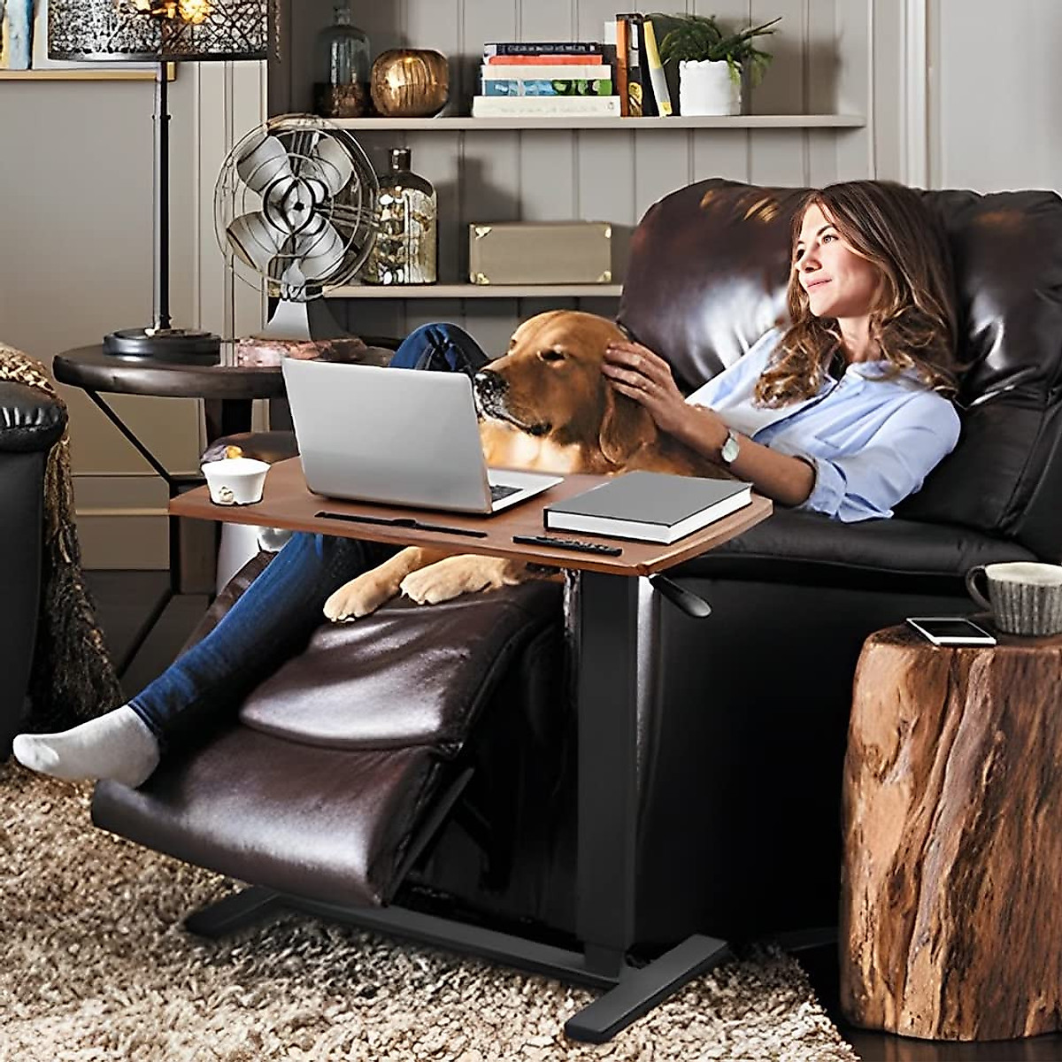 Over bed Table Pneumatic Adjustable Height Stand Desk with hidden wheels USB Ports Pad slot Mobile Laptop Standing Desk Cart, Podium table (Wanult, 32X16 inshes)