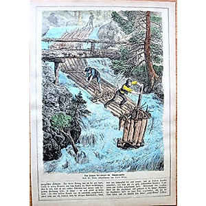 Antique Steel Engraving: Logs on River