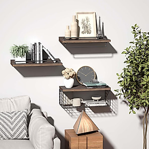 RYOFOBETTO Bathroom Shelves, Floating Shelves Over Toilet Paper Holder, Wall Mounted Rustic Wood Storage Basket Shelves for Bedroom, Living Room & Kitchen, Set of 3 (Brown)