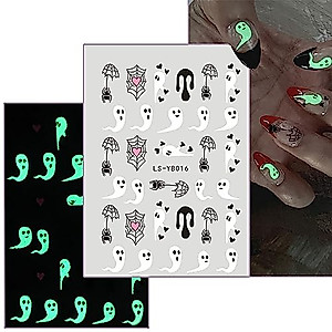 JMEOWIO 9 Sheets Halloween Glow in The Dark Nail Art Stickers Decals Self-Adhesive Pegatinas Uñas Lumious Skull Ghost Spider Web Bat Pumpkin Nail Supplies Nail Art Design Decoration Accessories