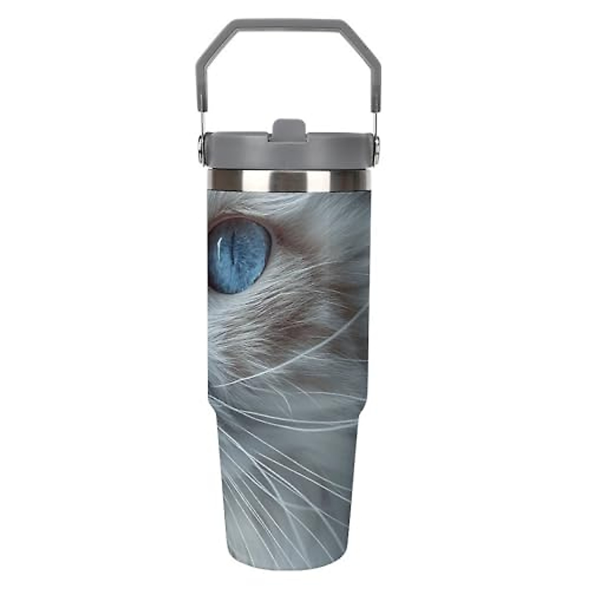 30oz Stainless Steel Insulated Tumbler with Flip Lid & Straw, Leakproof Travel Mug for Car, Blue Eyes Cat Double Wall Vacuum Thermal Coffee Cup with Handle, Spill-Proof Design for Hot/Cold Drinks