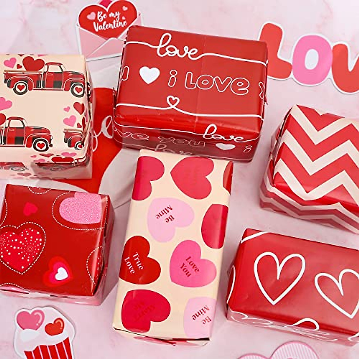 Whaline 12 Sheet Valentine's Day Wrapping Paper Red Heart Truck Gift Wrapping Paper 19.7 x 27.6 Inch I Love You Prints Sweet Present Packing Paper for Wedding Anniversary Baby Shower Birthday