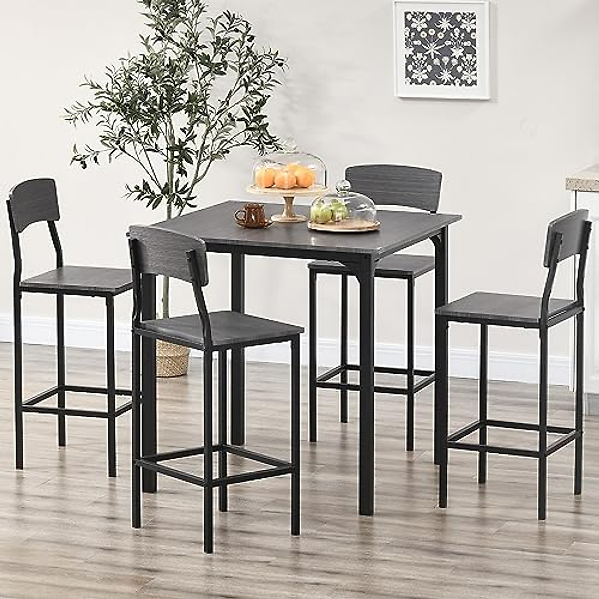 HOMCOM Counter Height Bar Table Set for 4, Square Kitchen Table and Chairs Set with Footrest, Metal Legs, Industrial Dinner Table Set for 4, Gray