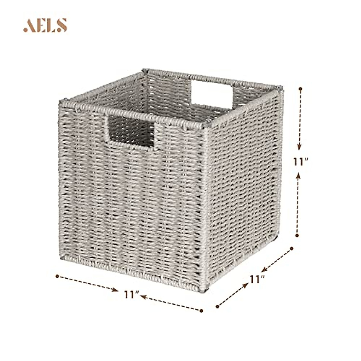 AELS Woven Baskets for Storage, Natural Hand-woven Storage Baskets for Organizing, Cubby Cubes Storage Bins for Shelves, 11" Modern Farmhouse Square Storage Cubes with Handles, Light Gray, 4 Pack