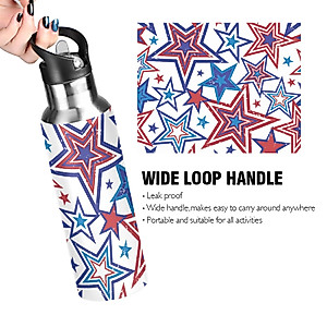 Poeticcity American Blue Red Stars July 4th Seamless on White Stainless Steel Water Bottle, Leak-Proof Vacuum Hot Cold Insulated Mug, Double Walled with Handle Cup Bottle 33.8 Oz
