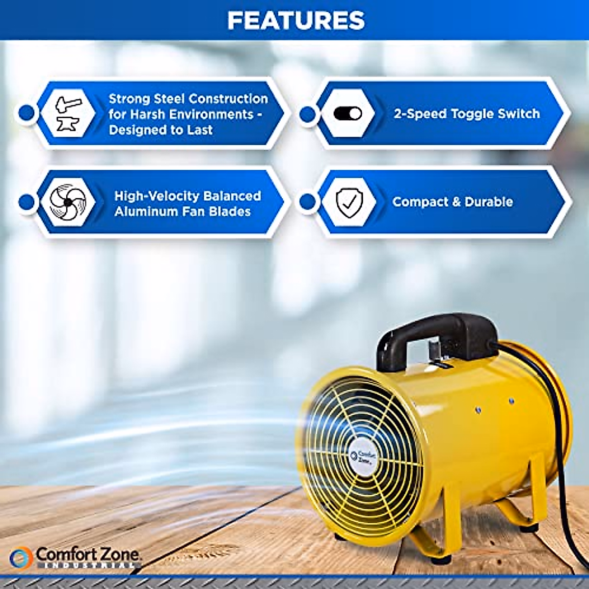Comfort Zone CZBU80 8” Industrial Utility Blower Fan, All-Metal Construction, Auto-Reset Thermal Protection, Durable Carry Handle, Rubber Feet, Helps Exhaust Fumes/Odors, Dry Wet Areas, Yellow