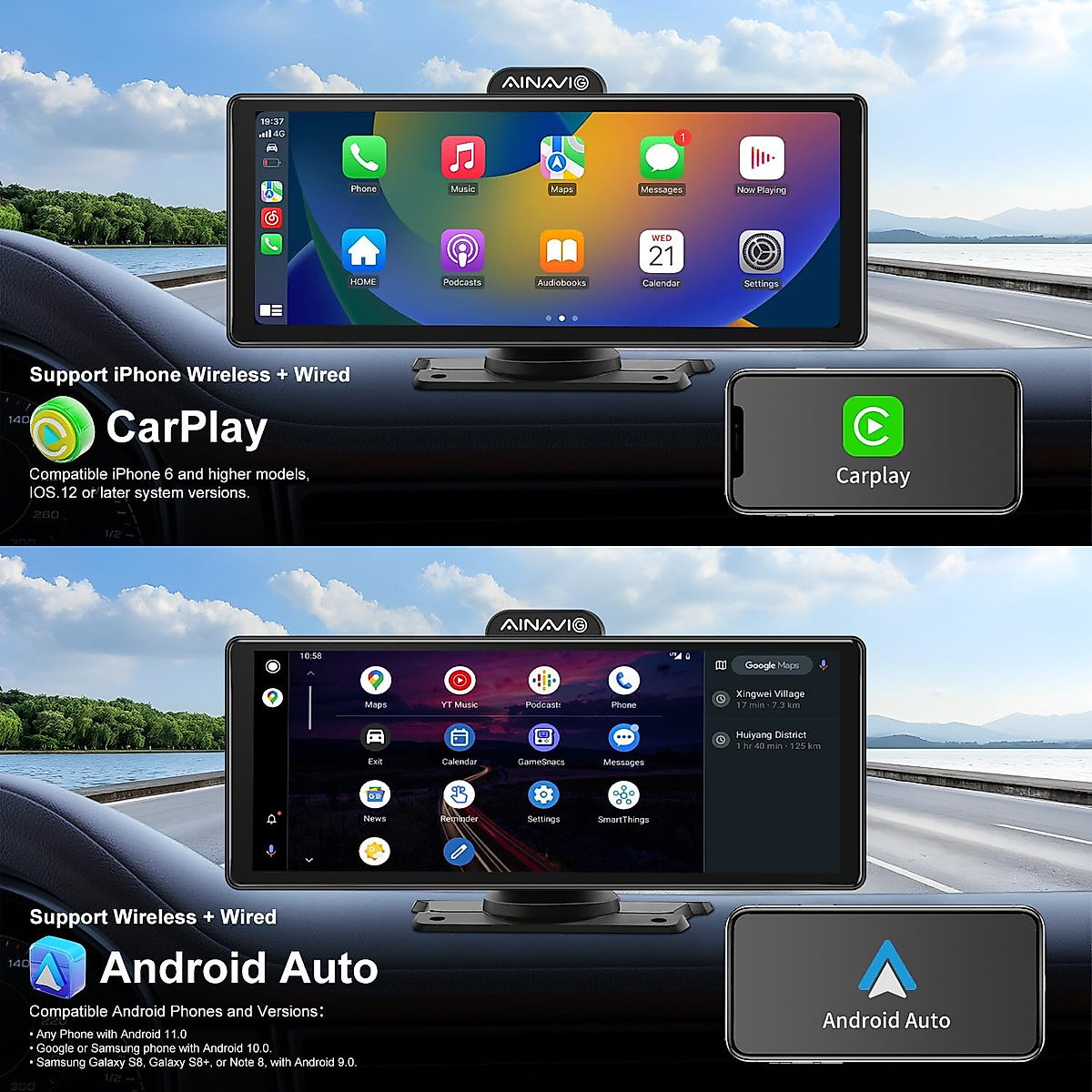 10.26'' Car Stereo with 4K Dashcam, Wireless Carplay & Android Auto, Backup Camera, Bluetooth, GPS Navigation