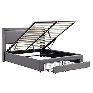 BOVZA Queen Size Lift Upholstered Platform 2 Drawers, Modern Wingback Headboard, Hydraulic Storage Bed Frame, Linen Gray