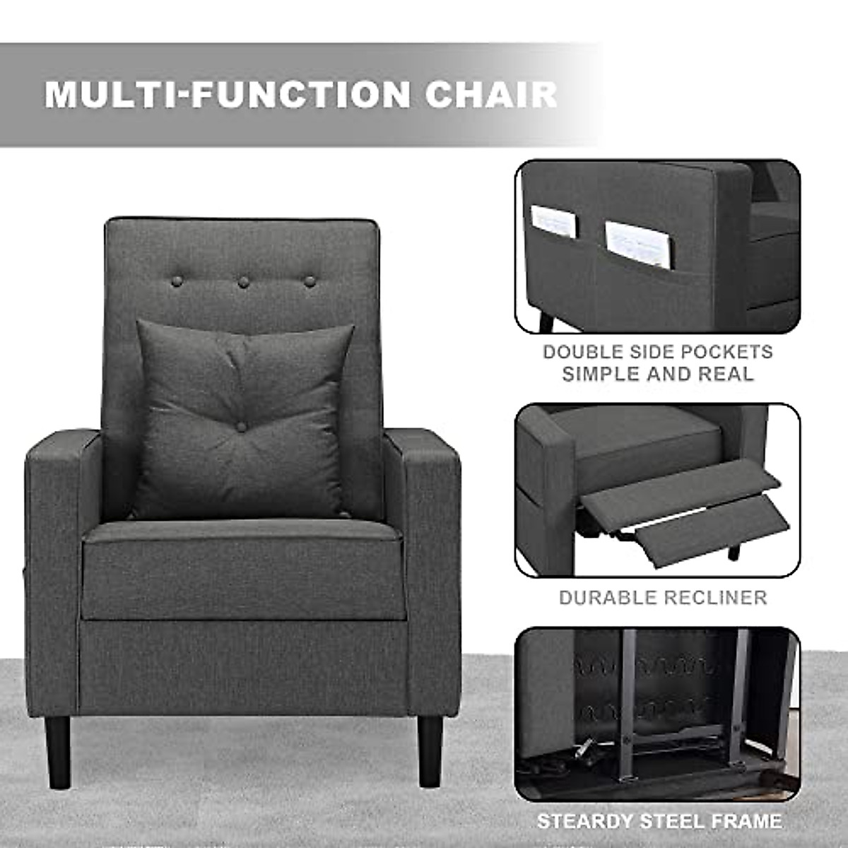 XSPRACER Push Back Recliner Chair, Lounge Chair for Bedroom, Living Room Chair, Linen, Dark Gray, Single One