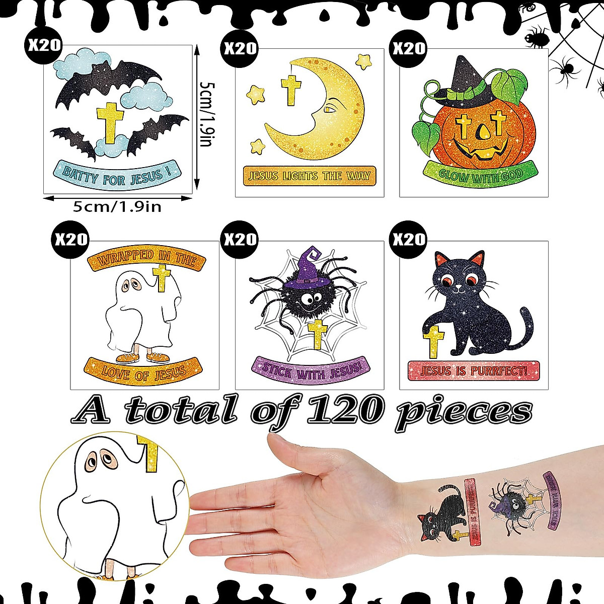 Sinmoe 120 Pcs Glitter Religious Halloween Temporary Tattoos for Kid Christian Temporary Tattoos Stickers Bible Verse Tattoos Temporary Cross Pumpkin Ghost Halloween Party Favors for Kid Men Women