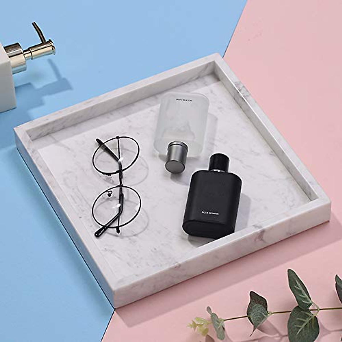 StonePlus Natural Marble Square Neat Makeups Organizer/Bathroom Vanity Tray for Razor Towel Toothpaste (9.84x9.84x1.18in, Volakas White)