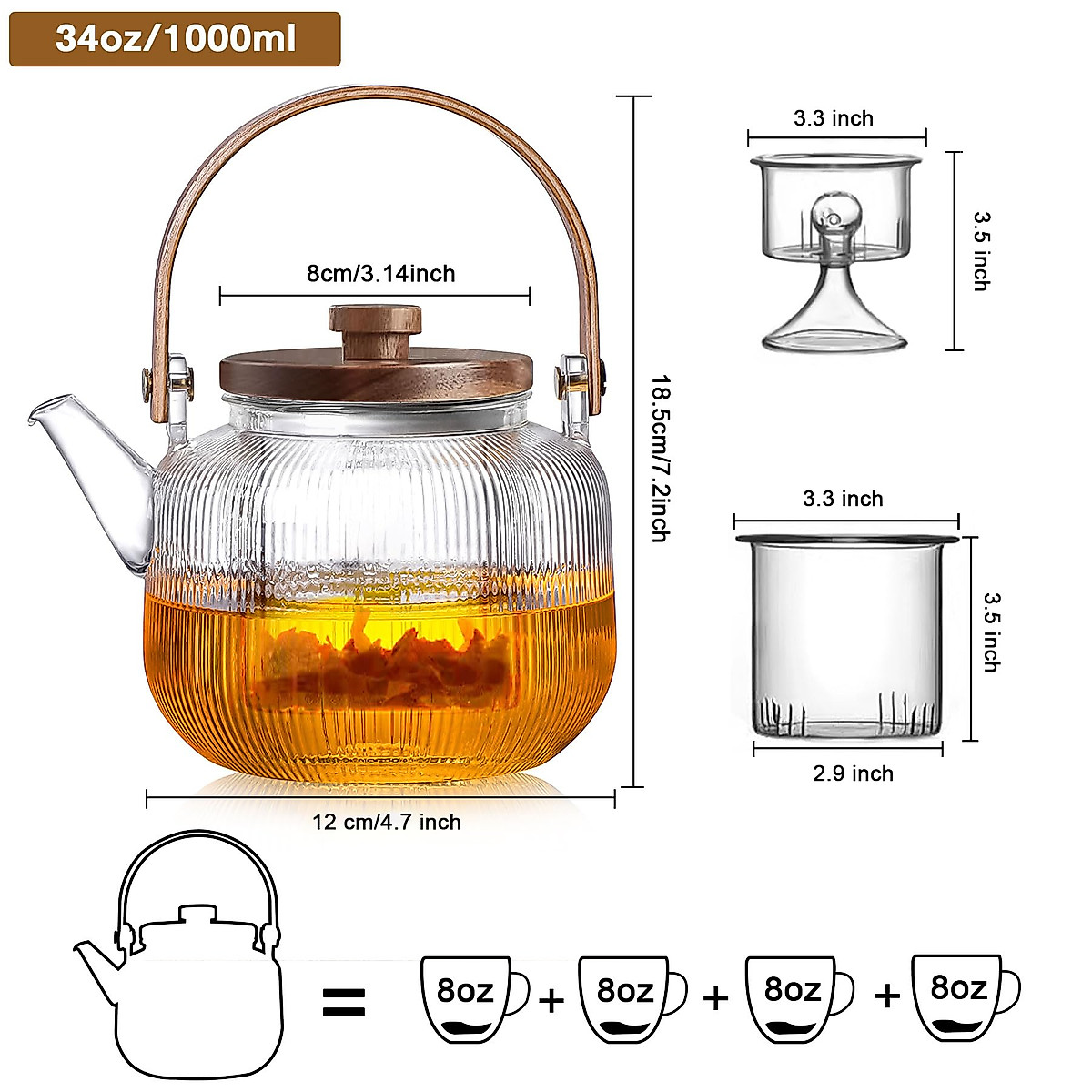 1000ml(33.8oz) Glass Teapot Kettle with 2 Type Removable Infuser and Wooden Lid, Borosilicate Glass Tea Pot Gas & Electric Stovetop Safe, Tea Maker for Loose Leaf & Blooming Tea, 2 Way for Boiling Tea