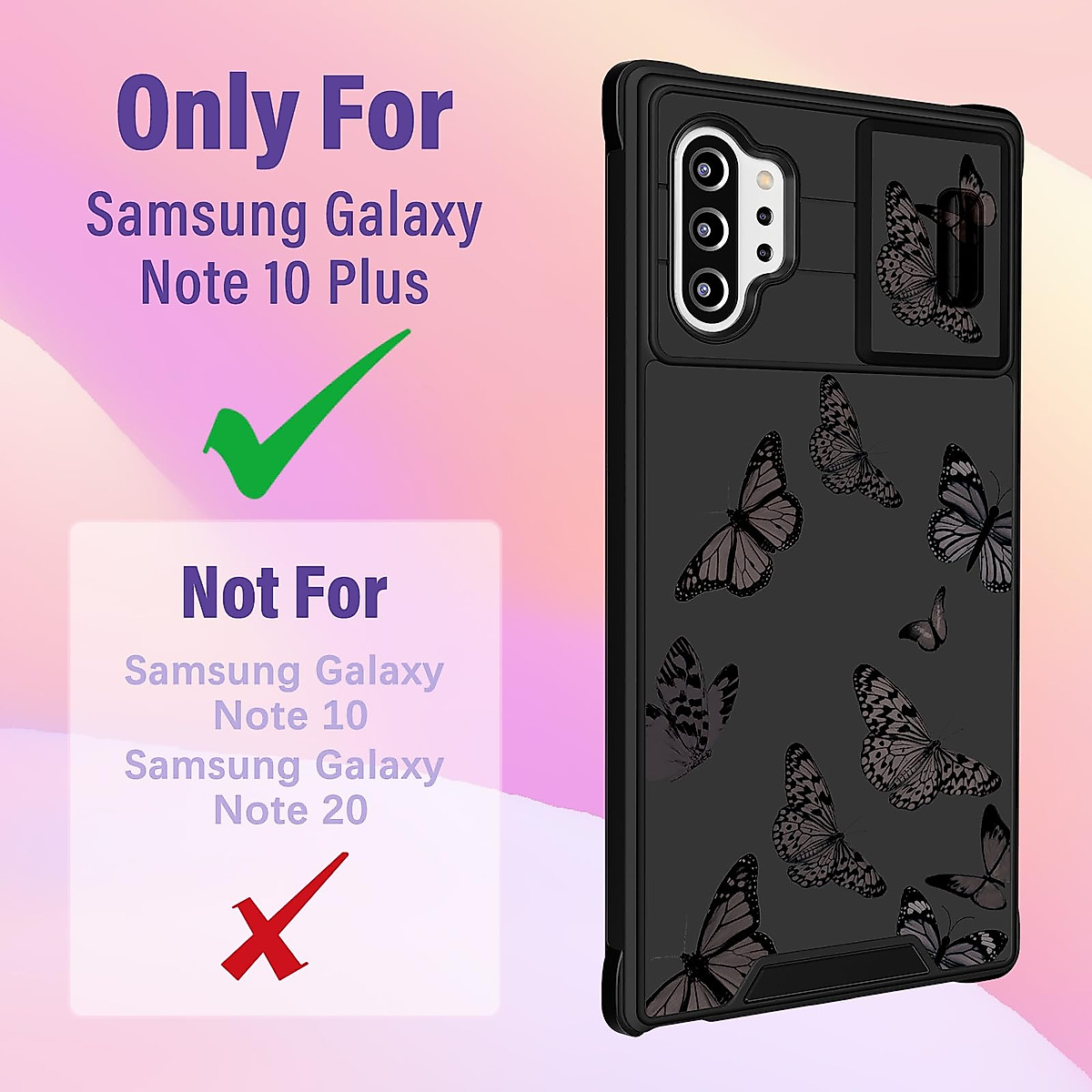 Funermei (2in1 for Samsung Galaxy Note 10 Plus Phone Case for Women Butterfly Cute Girls Cover Girly Pretty Black Butterfly Design with Camera Cover and Ring Stand Funda for Galaxy Note 10 Plus Case