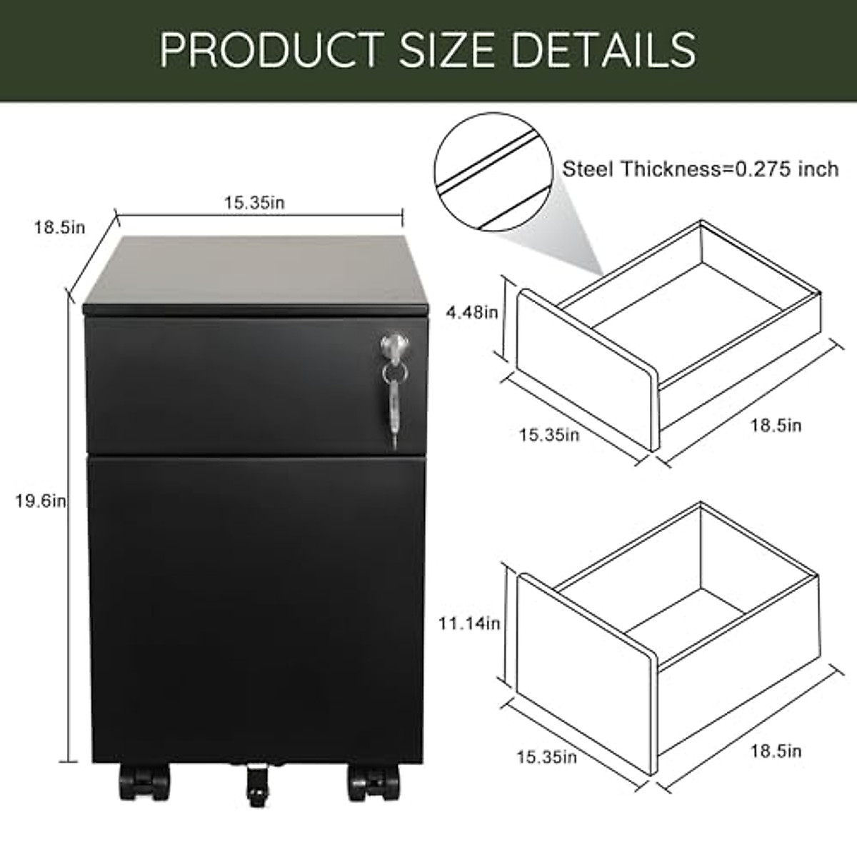 Daesar 2 Drawer Mobile File Cabinet with Lock Metal Filing Cabinet for Legal/Letter/A4/F4 Size, Fully Assembled Include Wheels, Home/Office Design, Black