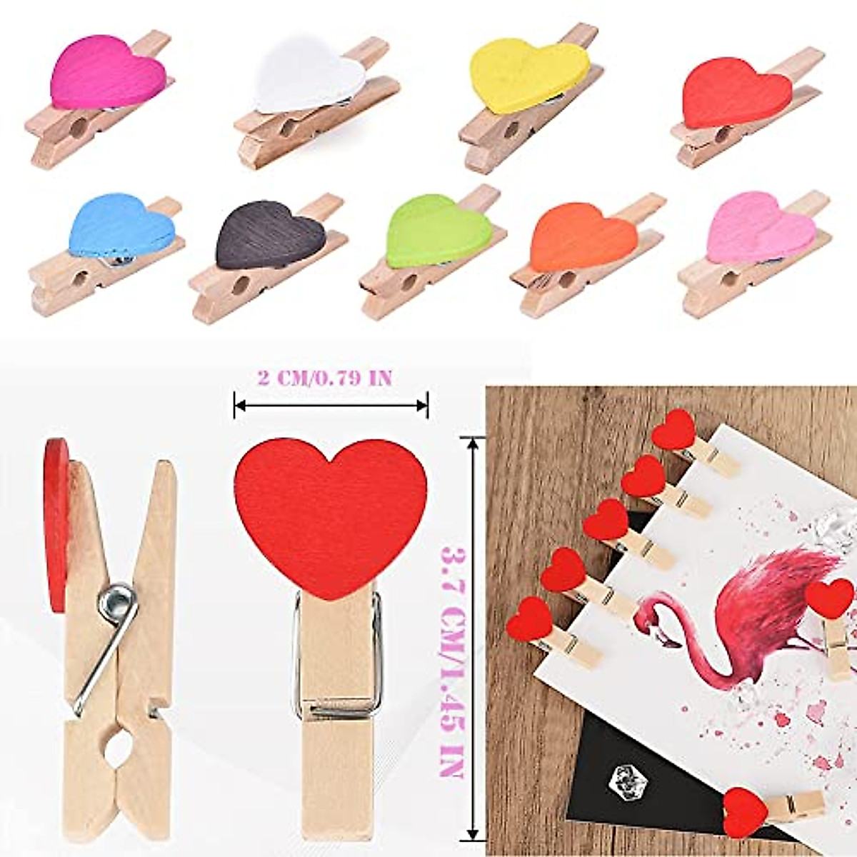 AKOAK 50 Pcs Color Wood Clothespin, Mini Natural Heart-Shaped Wood Craft Clip, Photo DIY, Christmas/Wedding/School Arts and Crafts/Home Decor Photo Clip