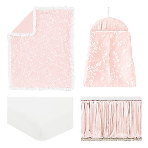 Sweet Jojo Designs Pink Floral Vintage Lace Baby Girl Nursery Crib Bedding Set - 4 pieces - Solid Light Blush Crinkle Crushed Velvet Luxurious Elegant Princess Boho Shabby Chic Luxury Flower Ruffle
