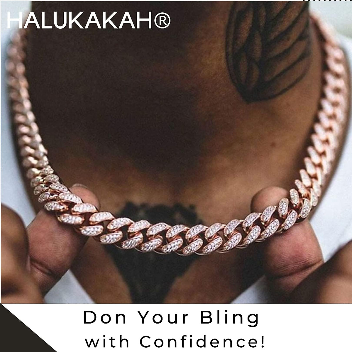 Halukakah Gold Chain for Men Iced Out,14MM Rose Gold Plated Diamond Cuban Link Chain Necklace 18",Lab Dimaonds Prong Set,Gift for Him