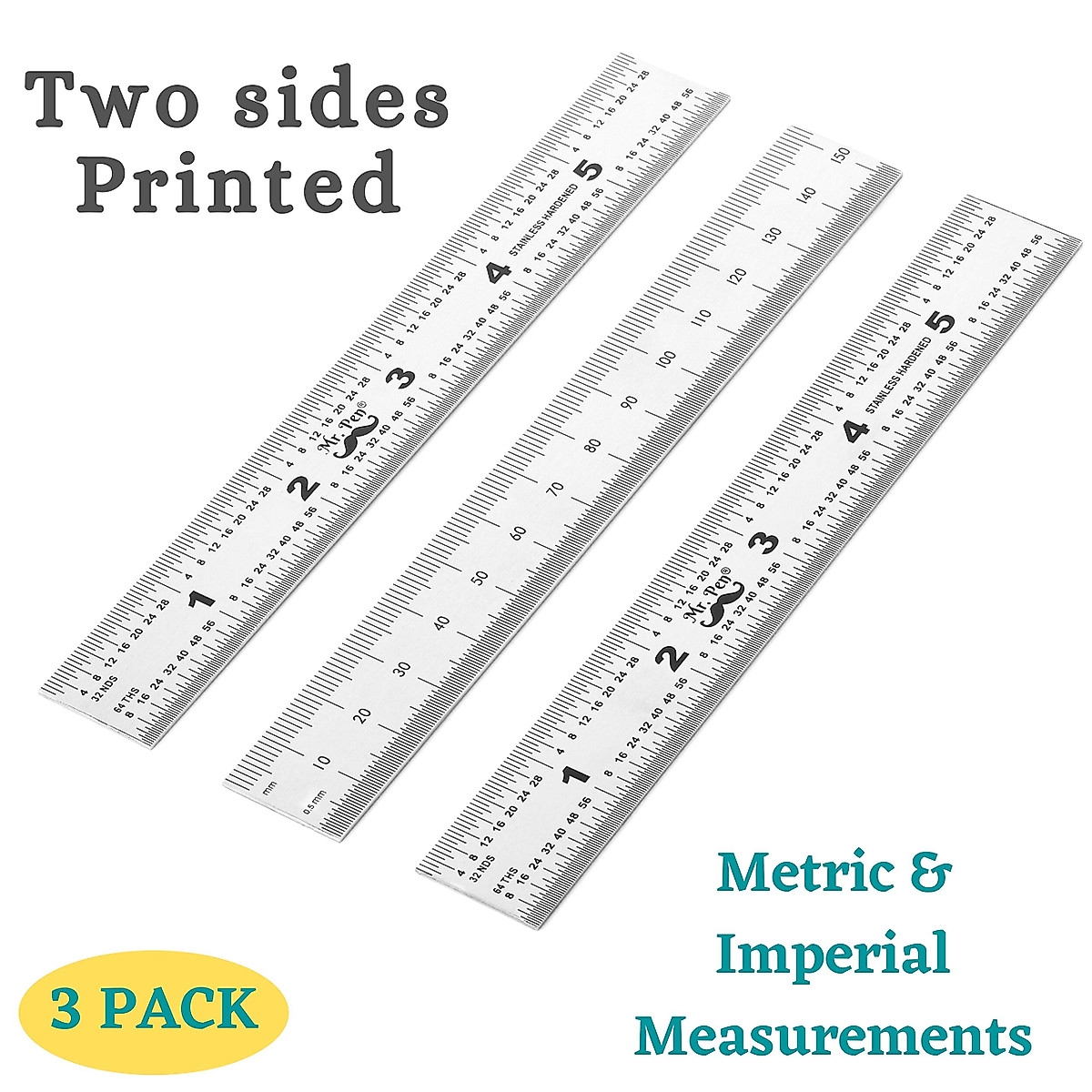 Mr. Pen- Machinist Ruler, Ruler 6 inch, 3 Pack, mm Ruler, Metric Ruler, Millimeter Ruler, (1/64, 1/32, mm and .5 mm), Metal Ruler 6 inch, Precision Ruler, 6 inch Ruler, Stainless Steel Ruler, Rulers