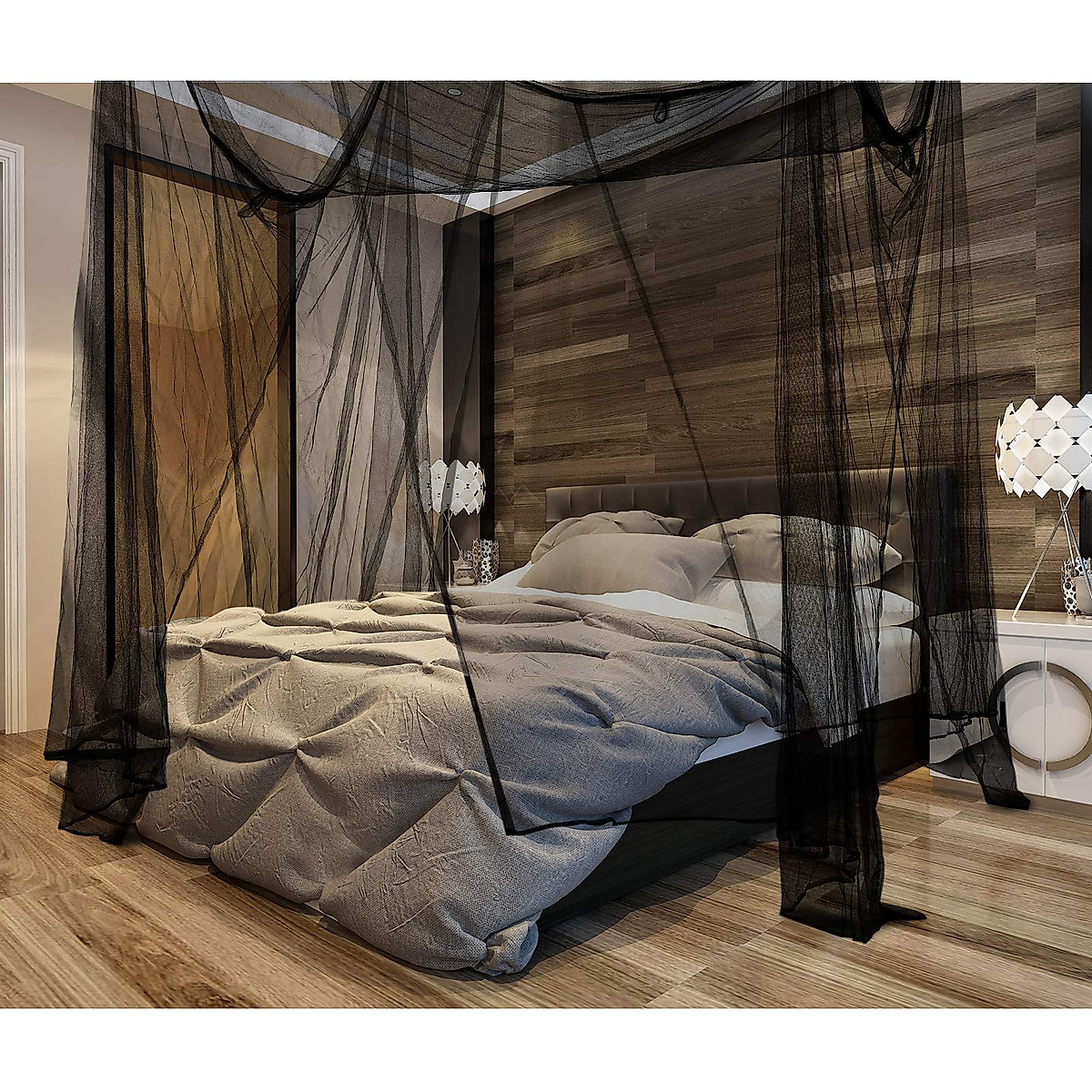 4 Corner Post Mosquito Net Canopy Bed Curtains Large Mosquito Netting Bedroom Princess Decoration Canopy Curtains with 4 Pieces Tassel Hanging Pendants for Full Queen King Size Bed (Black)
