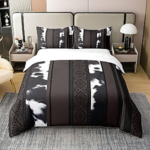 Manfei Cowhide Print 100% Nature Cotton Duvet Cover Queen Size,Farmhouse Animals Cow Skin Print Super Soft Bedding Set,Tribal Geometric Stripes Comforter Cover Bedding 3 Piece (No Comforter)
