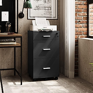 DEVAISE 3 Drawer Rolling File Cabinet with Lock, Wood Filing Cabinet fits Letter / A4 Size for Home Office, Black