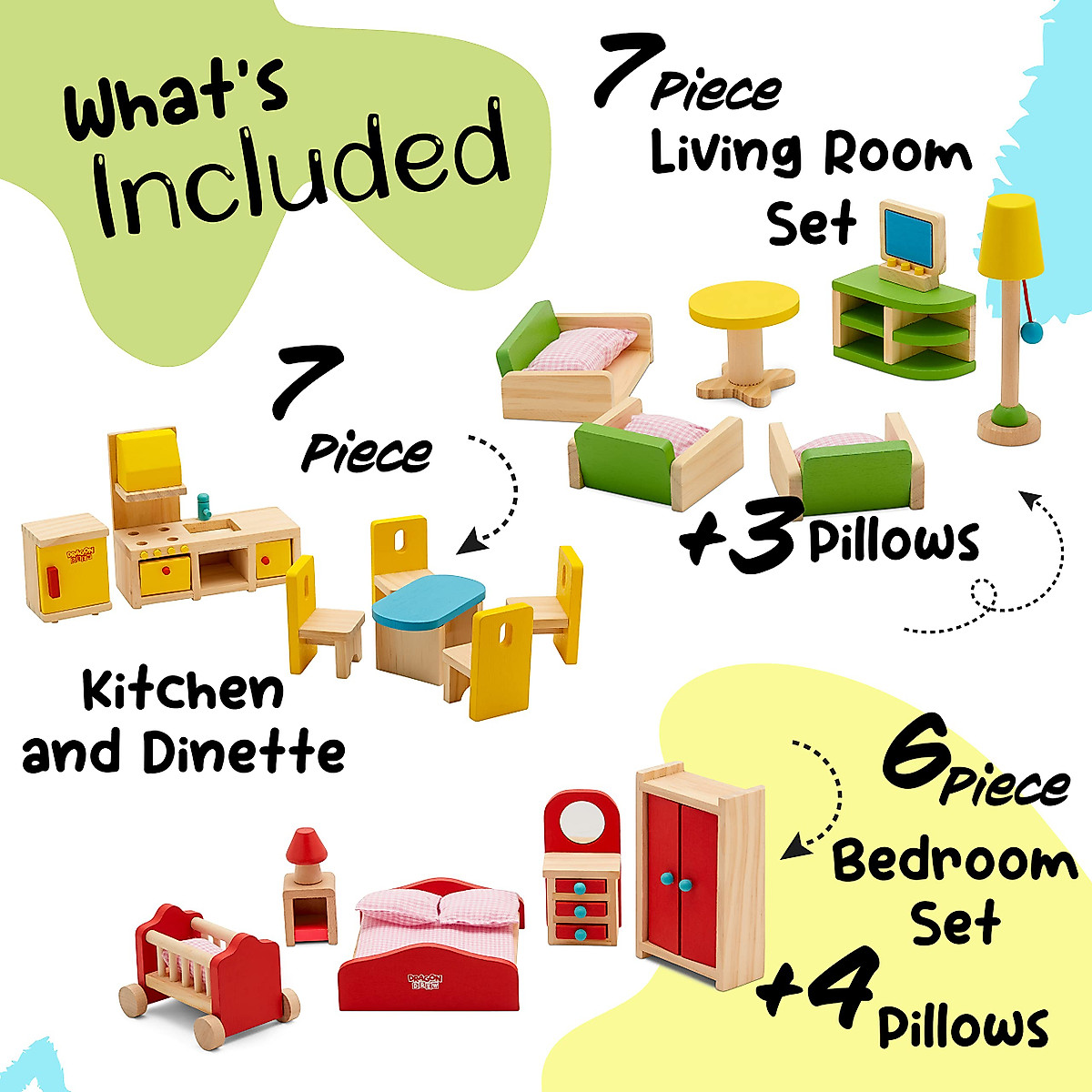 Wooden Dollhouse Furniture Set - 27 Piece Kit - Living Room, Bedroom and Kitchen Accessories, 100% Natural Wood, Nontoxic Paint, Smooth Edges