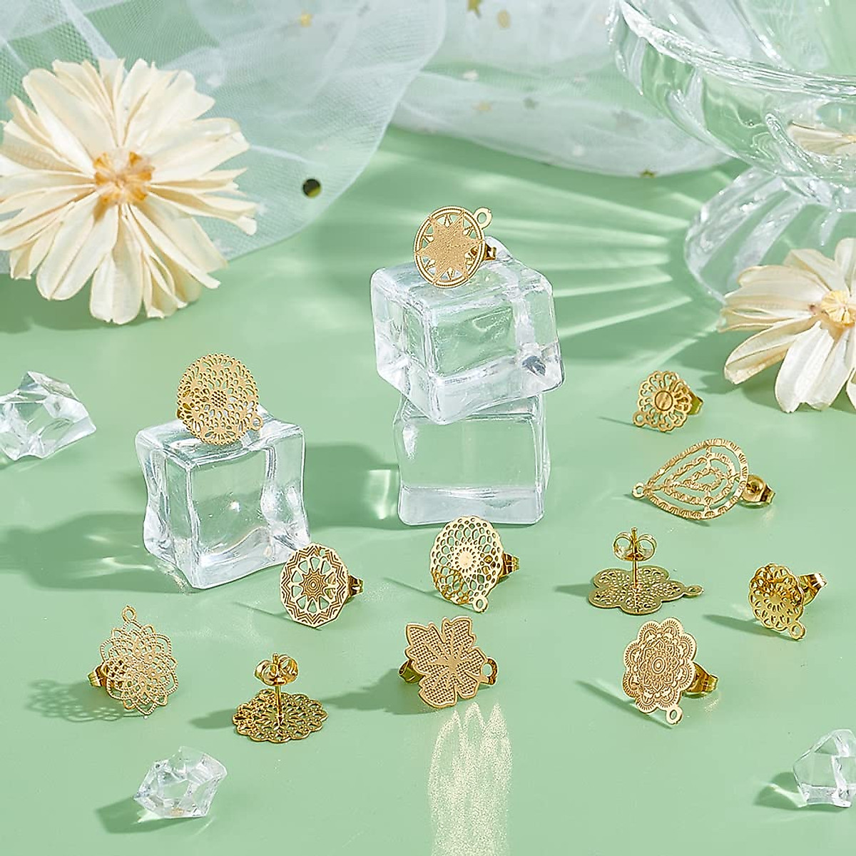 UNICRAFTALE 24pcs 12 Styles Golden Bohemian Stud Earring Findings Stainless Steel Ear Stud Component with Loop Butterfly Stoppers 0.7mm Pin Mixed Shapes Earring for Jewelry Making, Hole 1mm