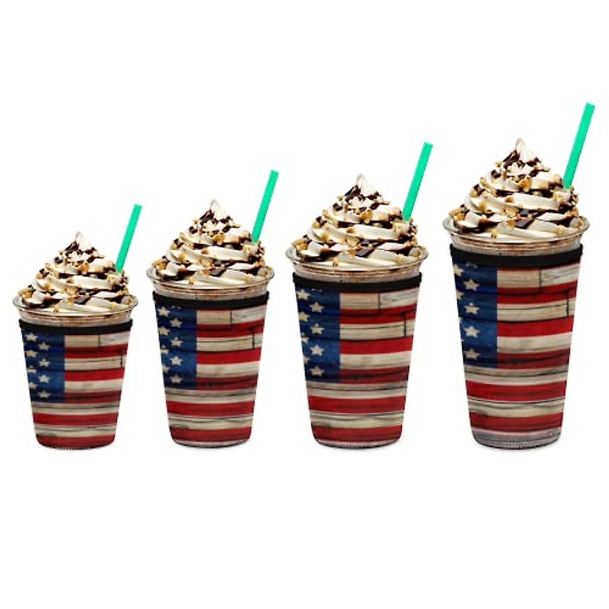 Vintage American Flag Iced Coffee Sleeve, USA Flag Reusable Neoprene Insulated Sleeves Cup Cover Holder for Cold Drinks Beverages 16oz - 18oz