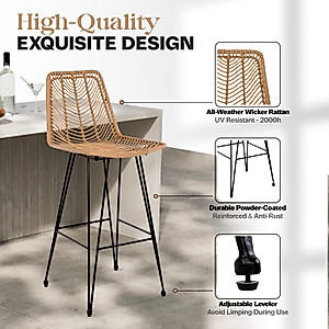 IDZO Rattan Bar Stools Set of 2, 42-Inch Tall with 400lbs Weight Endurance, Featuring a Steel Frame and Comfort Cushions, ideally Crafted as bar stools for Kitchen Island setups