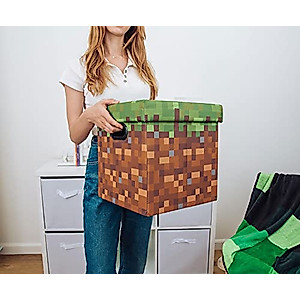 Minecraft Grassy Block 13-Inch Storage Bin Chest With Lid | Foldable Fabric Basket Container, Cube Organizer With Handles, Cubby For Shelves, Closet | Home Decor Essentials, Video Game Gifts