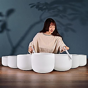 432HZ 8-14 Inch Set of 7 Pcs Frosted Quartz Crystal Singing Bowls With 2 Pcs Carrying Case bag
