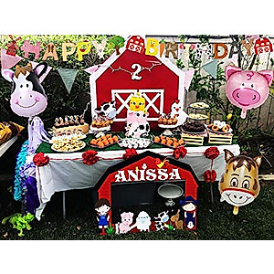 53Pcs Farm Birthday Party Supplies for Kids Barnyard Farm Animal Theme Party Decorations Animal Birthday Banner Farm Animal Walking Balloons Cow Print Balloons Cupcake Toppers Set for Boys Girls